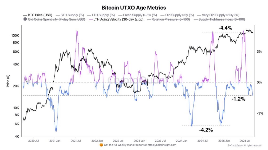 Bitcoin LTH Aging Velocity Turns Negative: Distribution Phase Unfolds ...